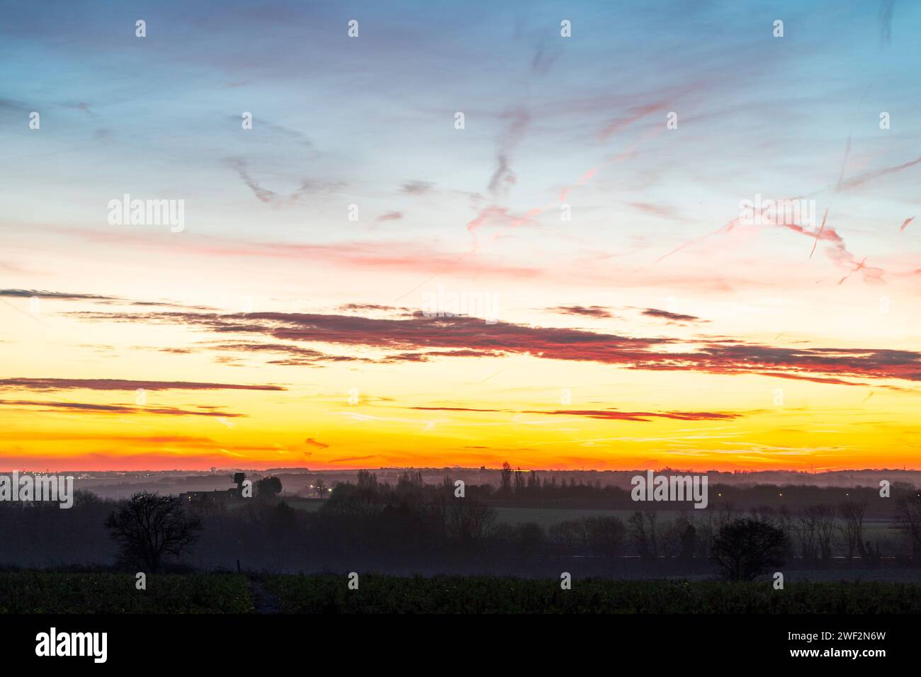 Early morning dawn sky over the small village of Chislet, Herne Bay and ...