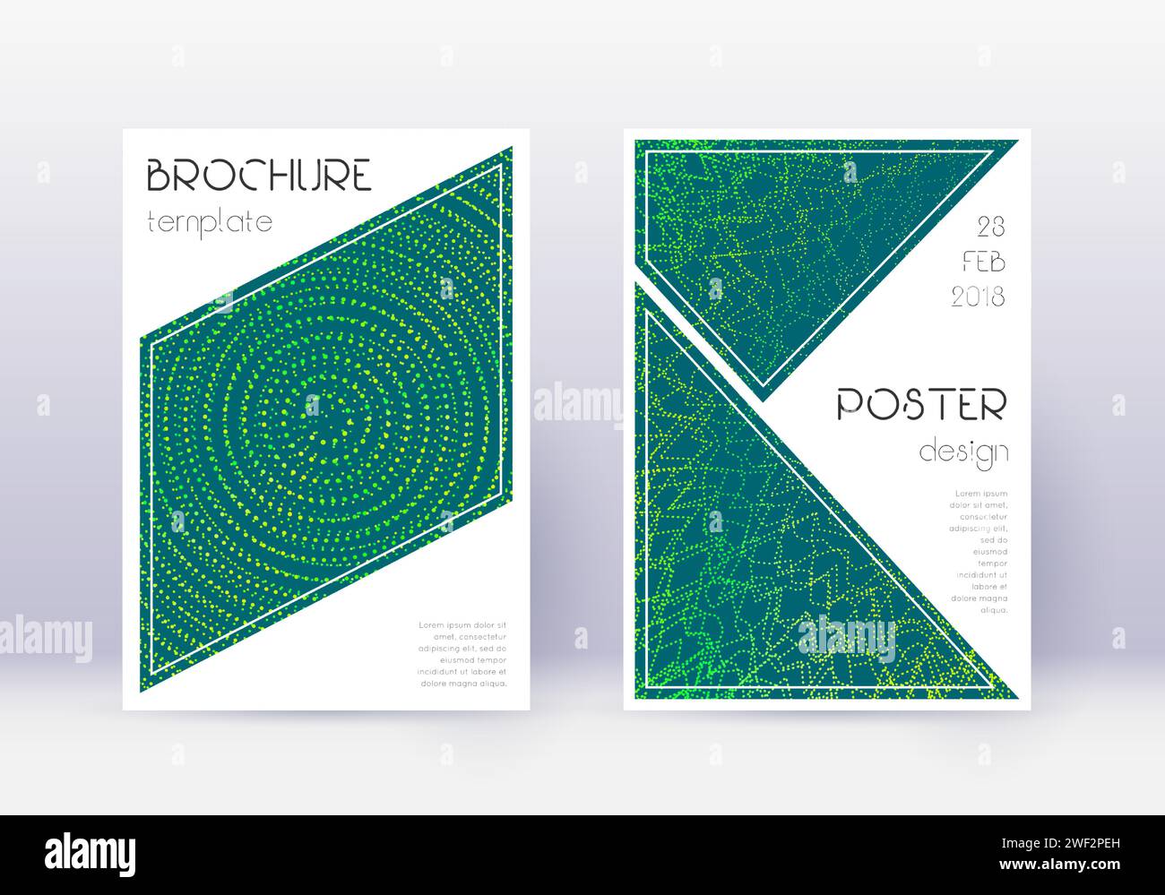 Triangle cover design template set. Green abstract lines on dark ...