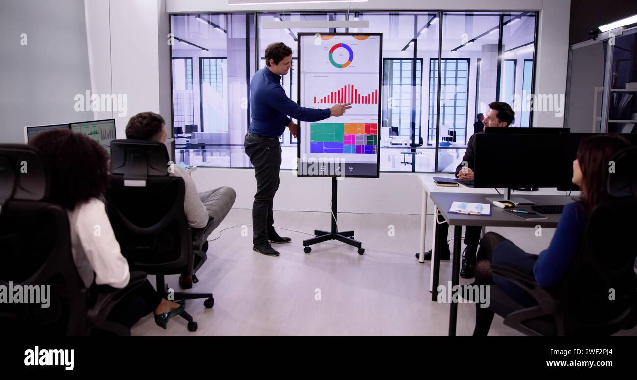 Diverse Team Meeting With TV Screen. Presenter With Dashboard Stock ...