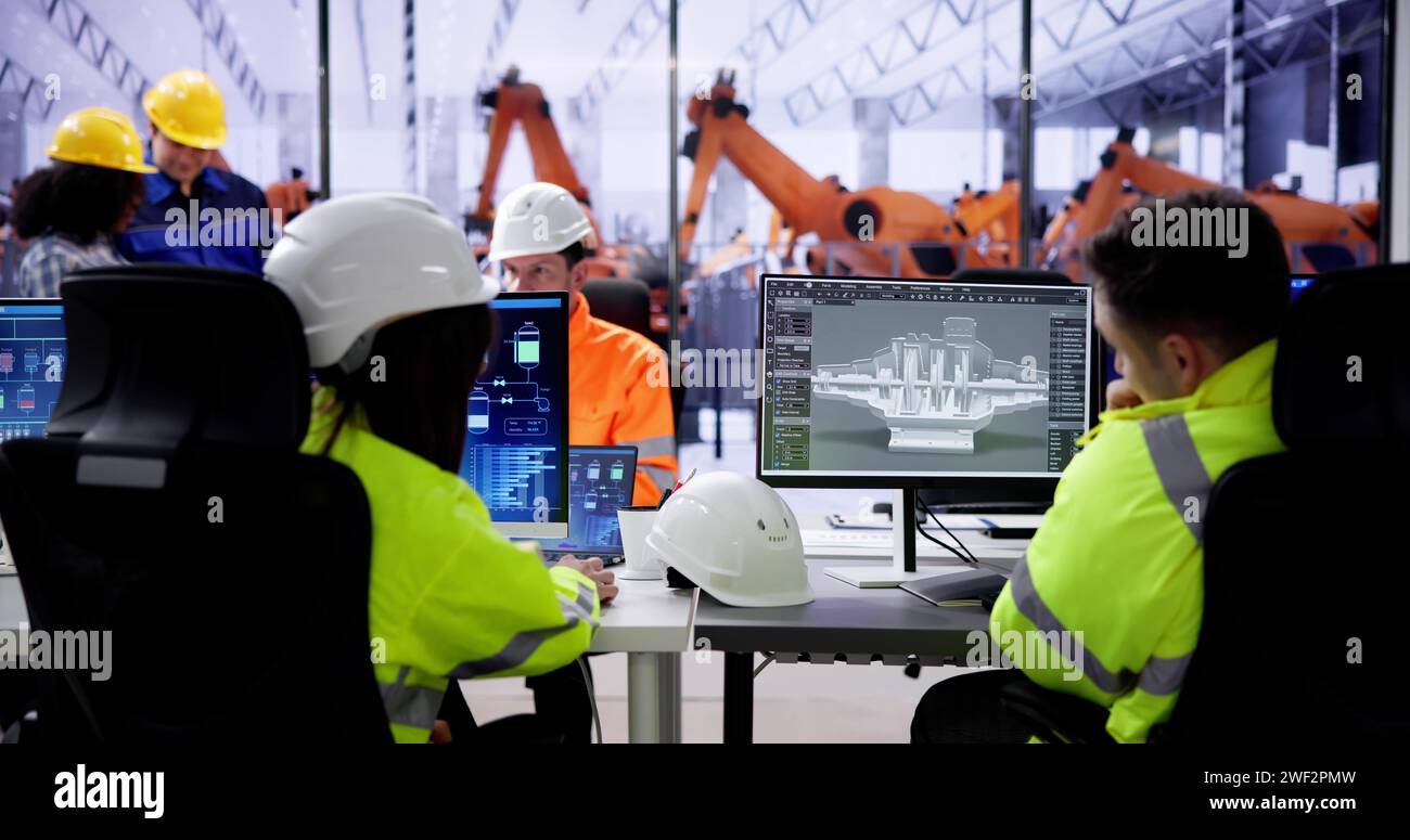 Engineer Doing 3D CAD Model Design On Computer At Factory Stock Photo ...