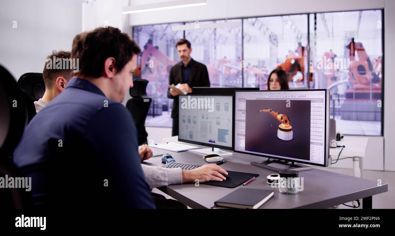 Industrial Engineers In Factory. Robot Design Innovation Stock Photo ...