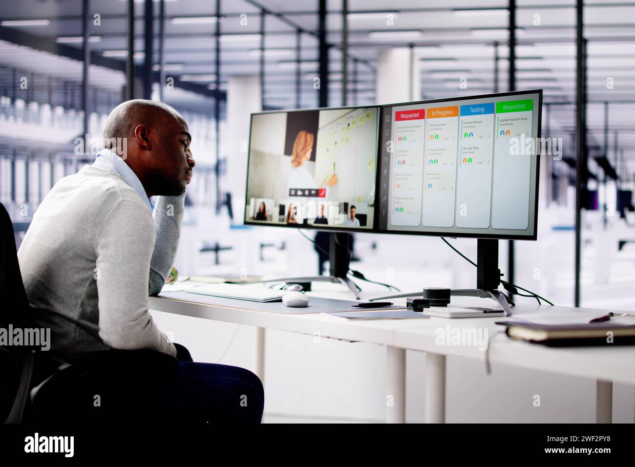 Bored Employee In Video Conference Training Meeting Stock Photo - Alamy