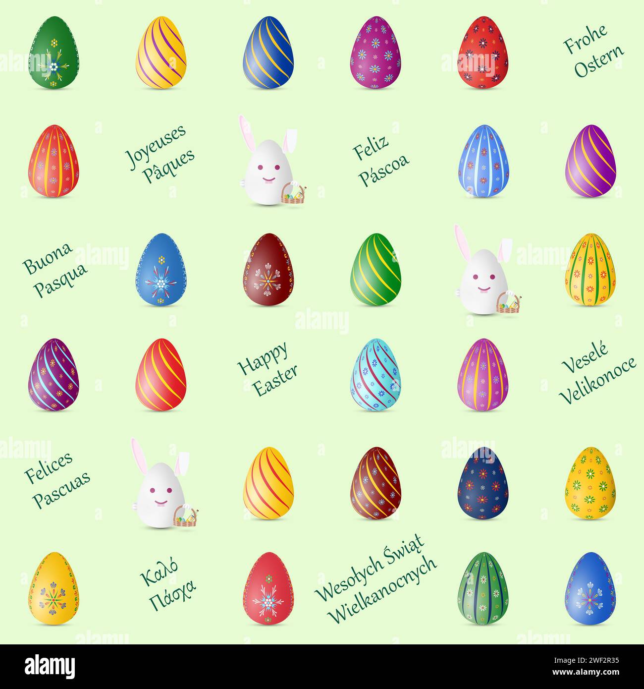 Seamless pattern with traditional Easter symbols, painted eggs, rabbits ...