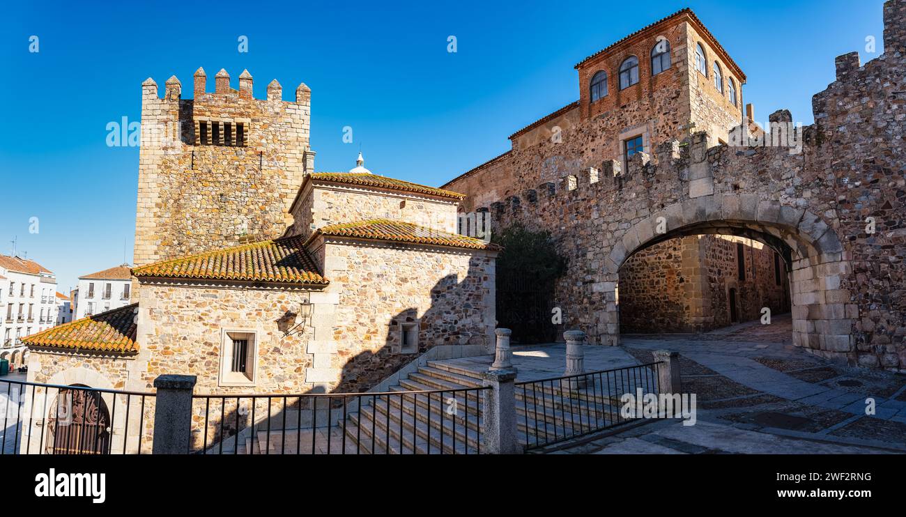 Entrance wall to the medieval city of Caceres, a World Heritage Site ...