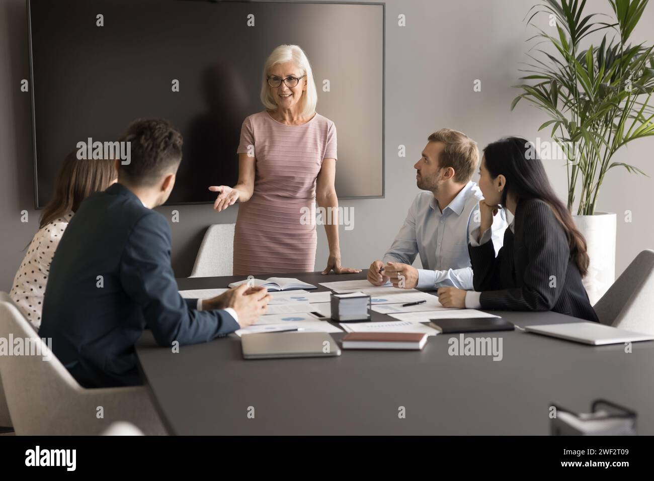 Senior business coach woman giving educational training seminar to ...