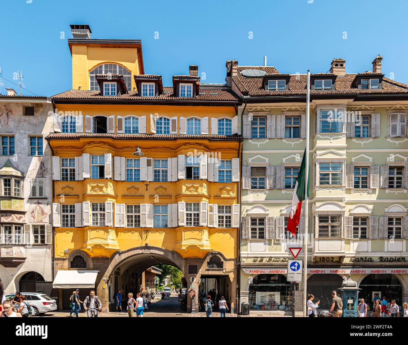 Historic centre of Bolzano city: facade of the famous House Ammon with ...