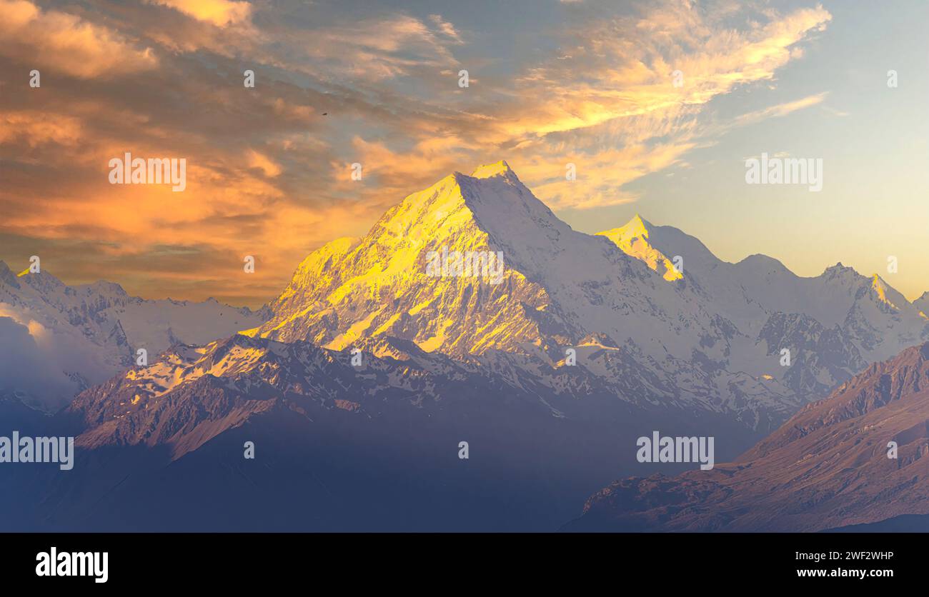 Sunrise on Aoraki/Mount Cook, which is home of the highest mountains ...