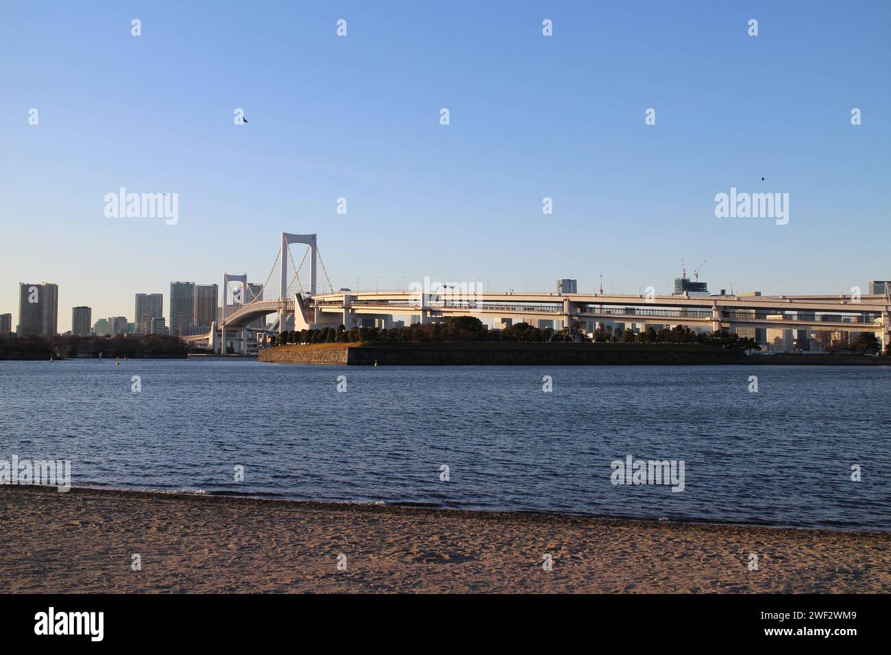 Rainbow Bridge in dusk viewed from Odaiba Seaside Park in Tokyo, Japan ...