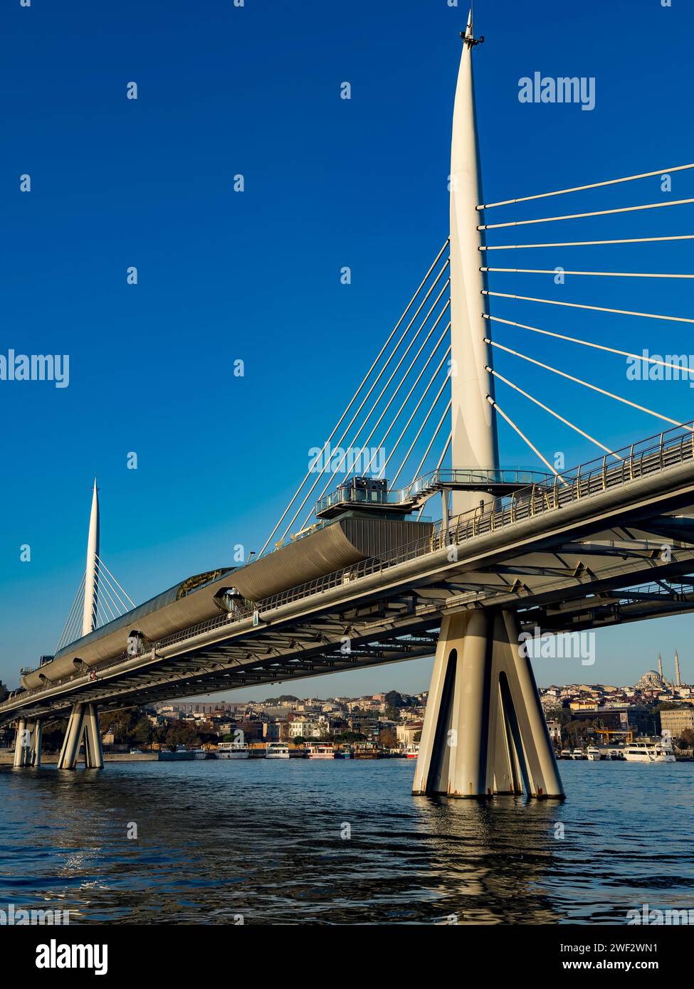 Halic metro bridge and Golden Horn. Metro station on Eminonu district ...