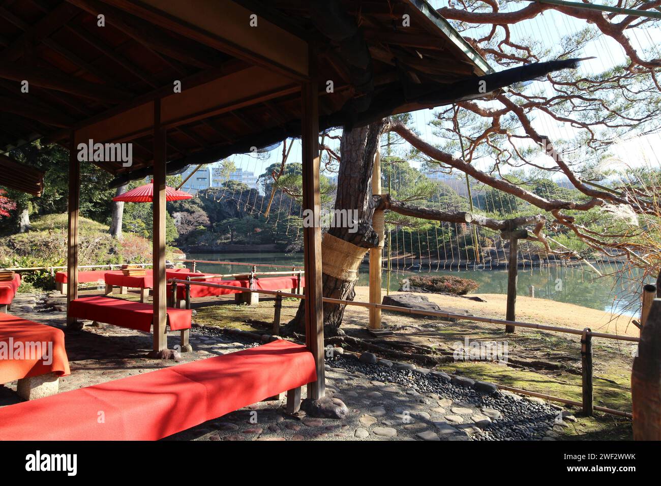 Fukiage-chaya House and Yukitsuri (snow hanging) in Rikugien Garden ...