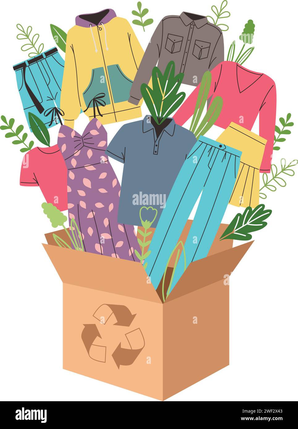 Recycling clothes concept. Vector illustration with the box and flying ...