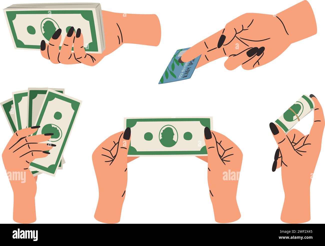 Hands holding money. Set of arms with banknotes, bank card. Vector of ...