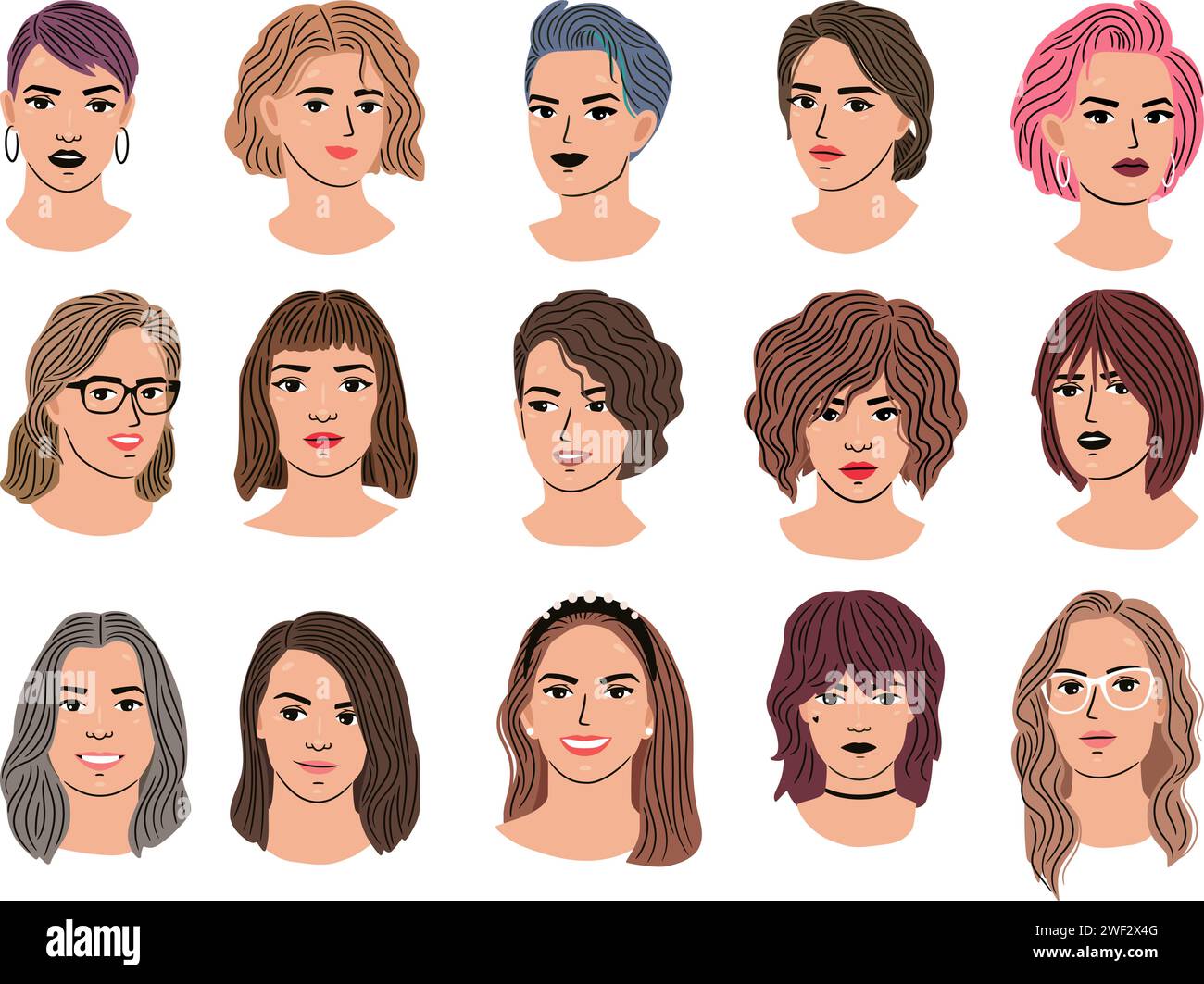 Female avatars set. Beautiful portrait of young woman with different ...