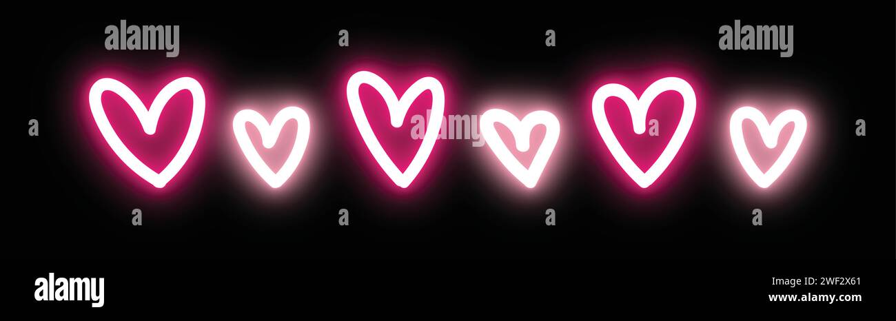 neon pink hearts border doodle for valentines day, decoration, banners ...