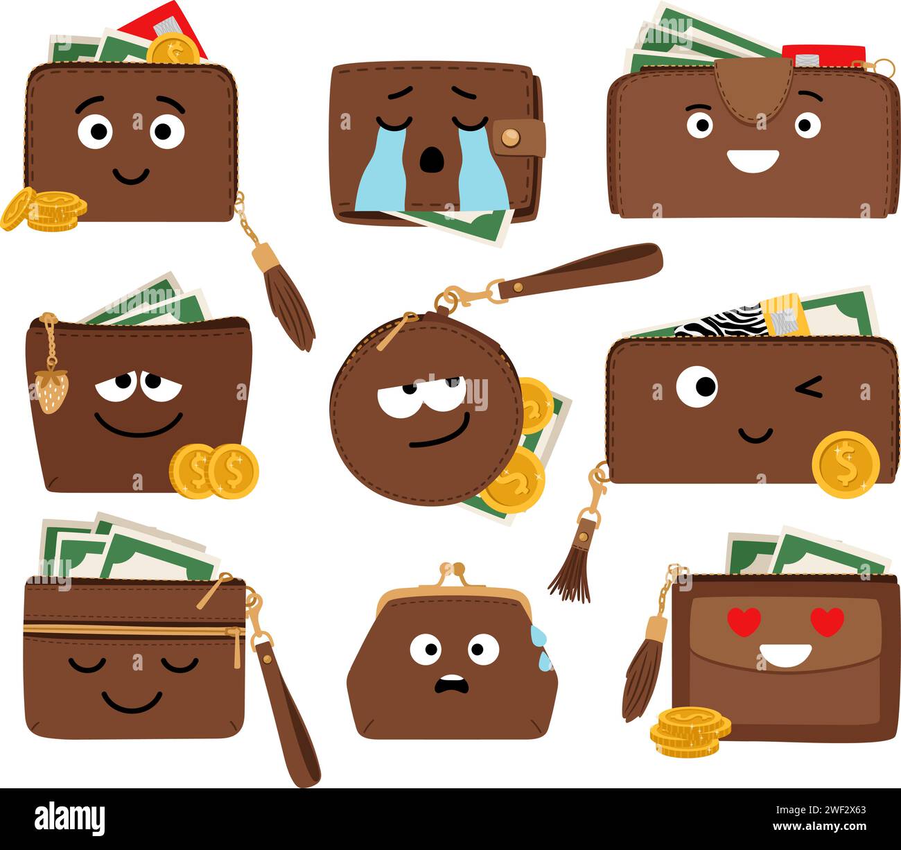 Wallets with eyes, banknotes, coins and bank cards. Set of emoticon ...