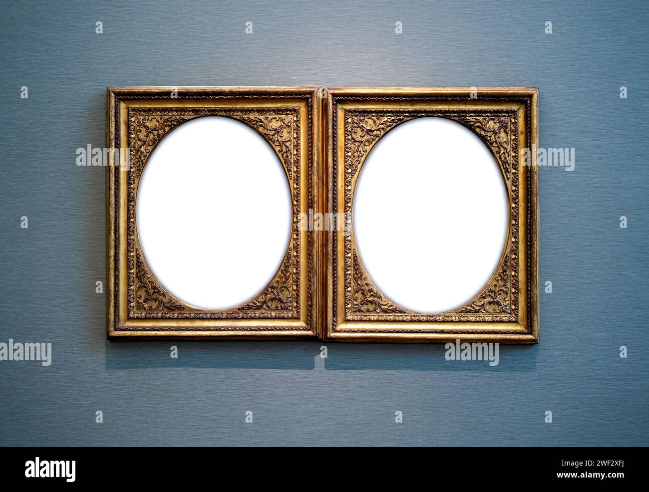 Mockup two white oval blank space in classic gold wooden square louise ...