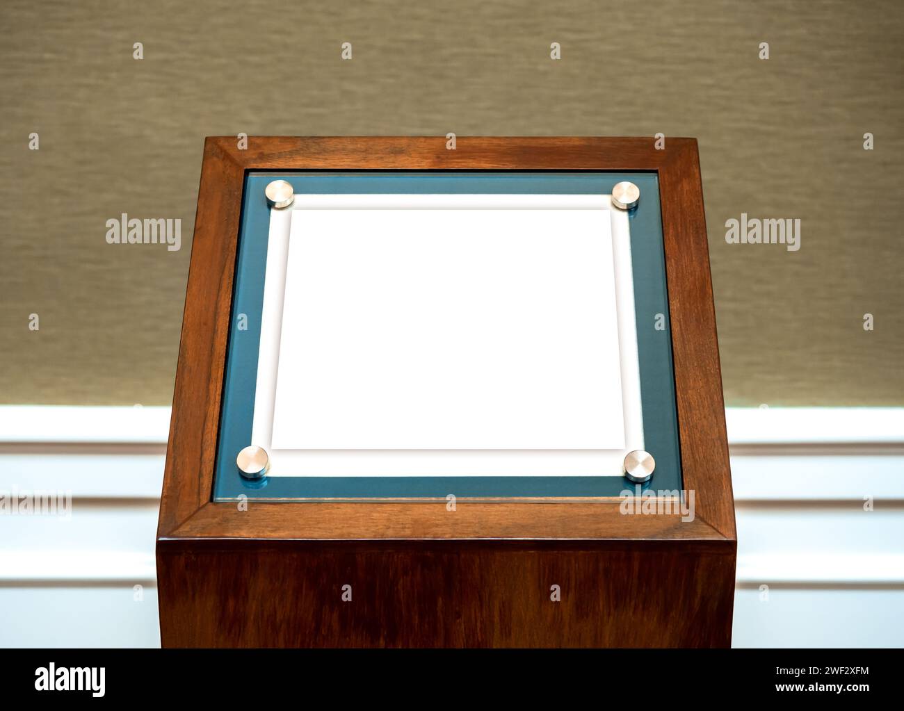 Mockup white blank square space on wooden lectern frame luxury room ...