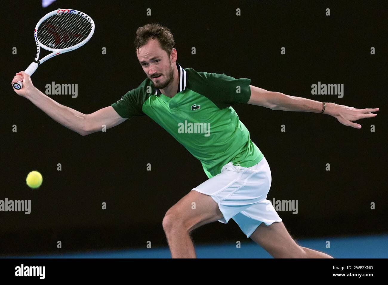 Daniil Medvedev of Russia plays a forehand return to Jannik Sinner of ...