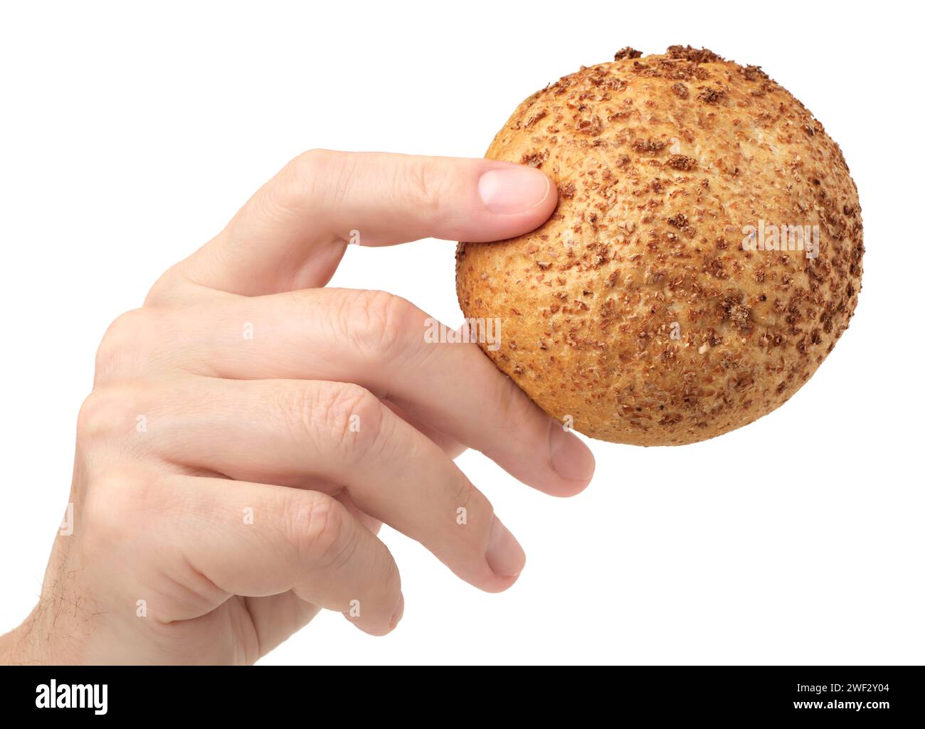 Human hand holding small round wheat bun, front view, isolated on white ...