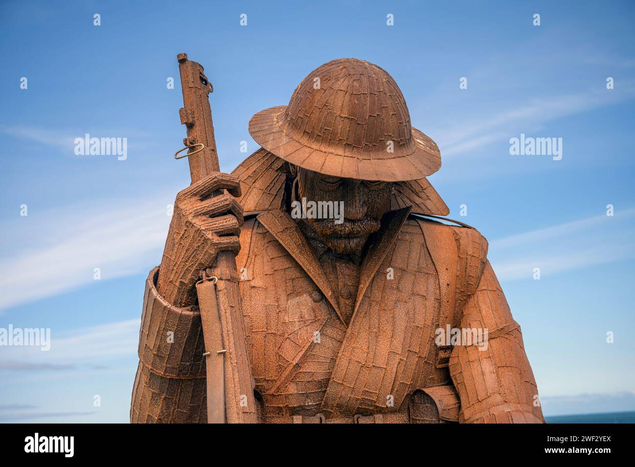 Steel WW1 solder war memorial at Seaham, County Durham, UK. Made in2014 ...