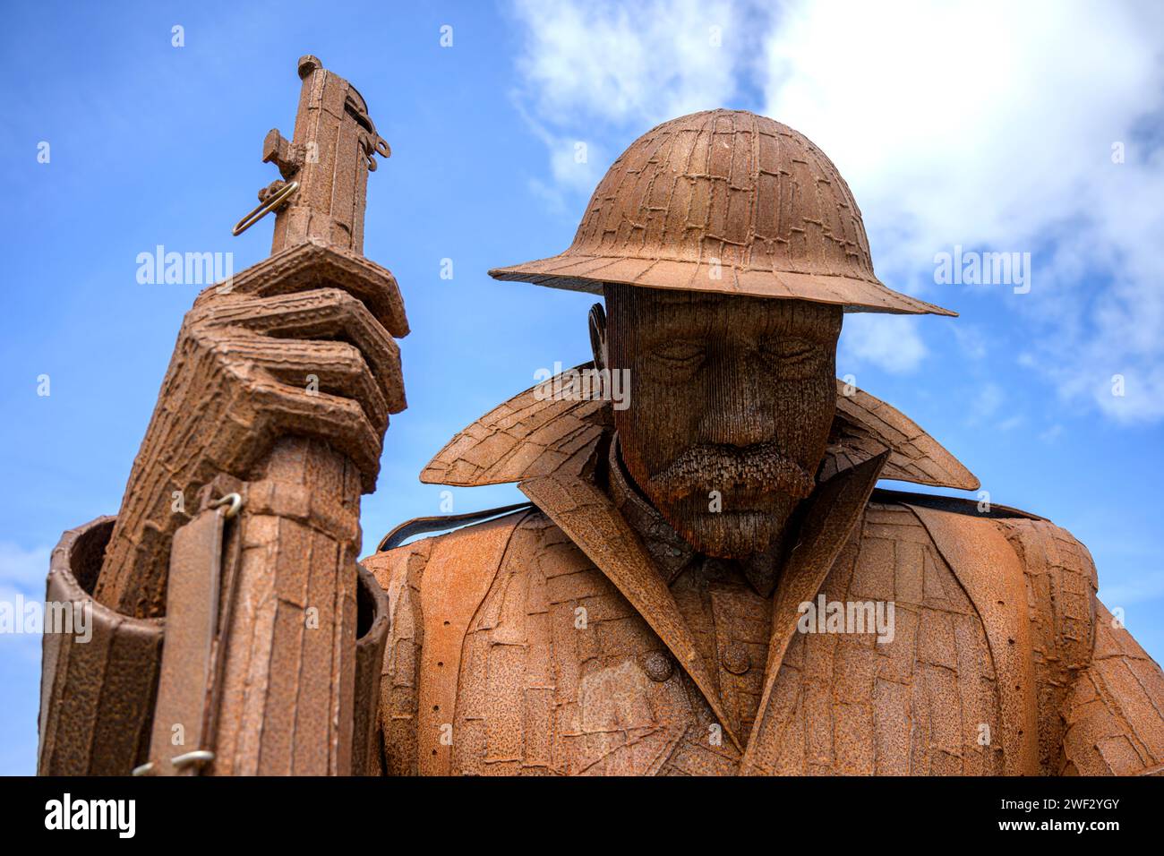 Steel WW1 solder war memorial at Seaham, County Durham, UK. Made in2014 ...