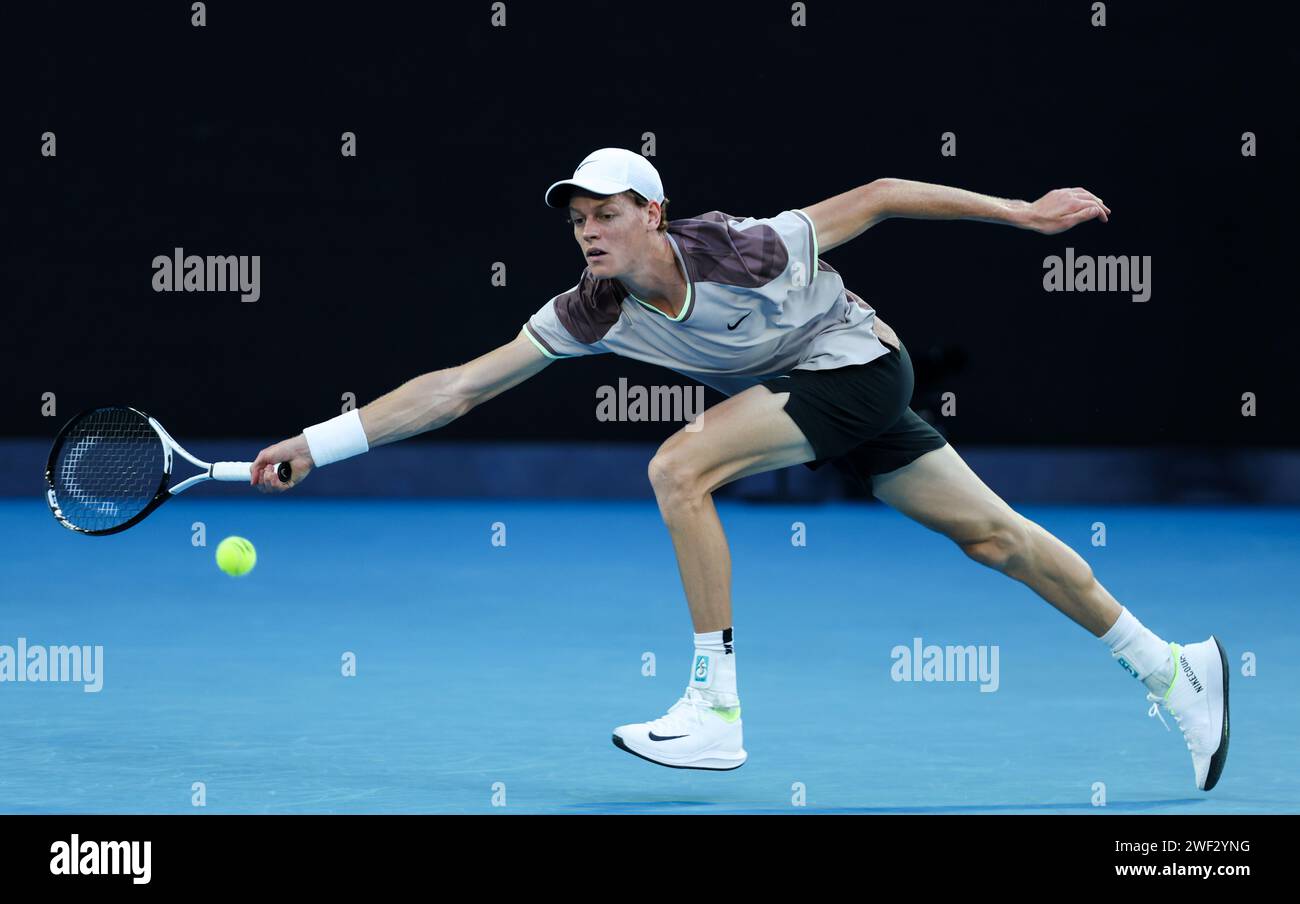 Melbourne, Australia. 28th Jan, 2024. Jannik Sinner hits a return during the men's singles final ...