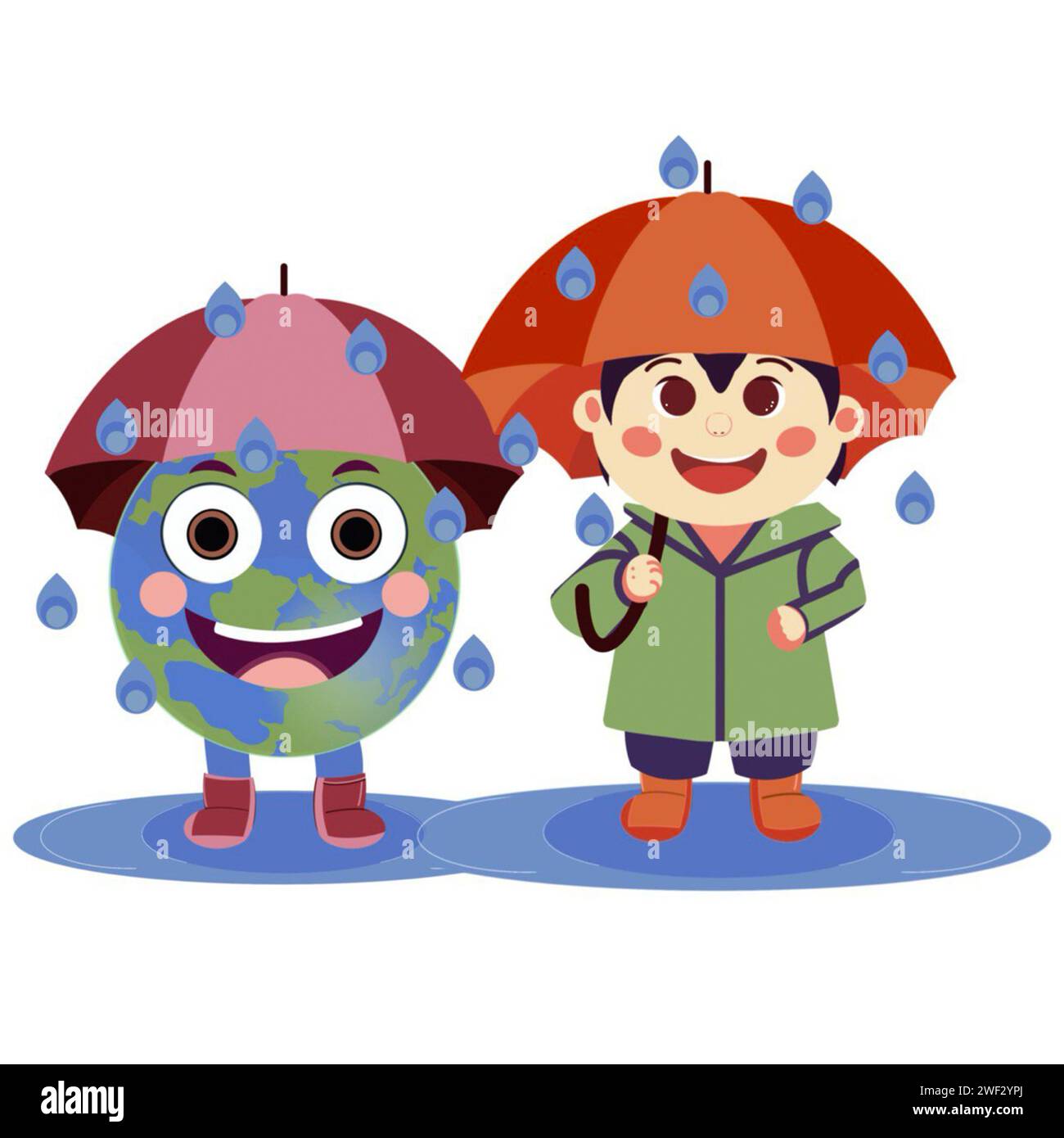 An illustration of planet Earth and a boy laughing with an umbrella in ...