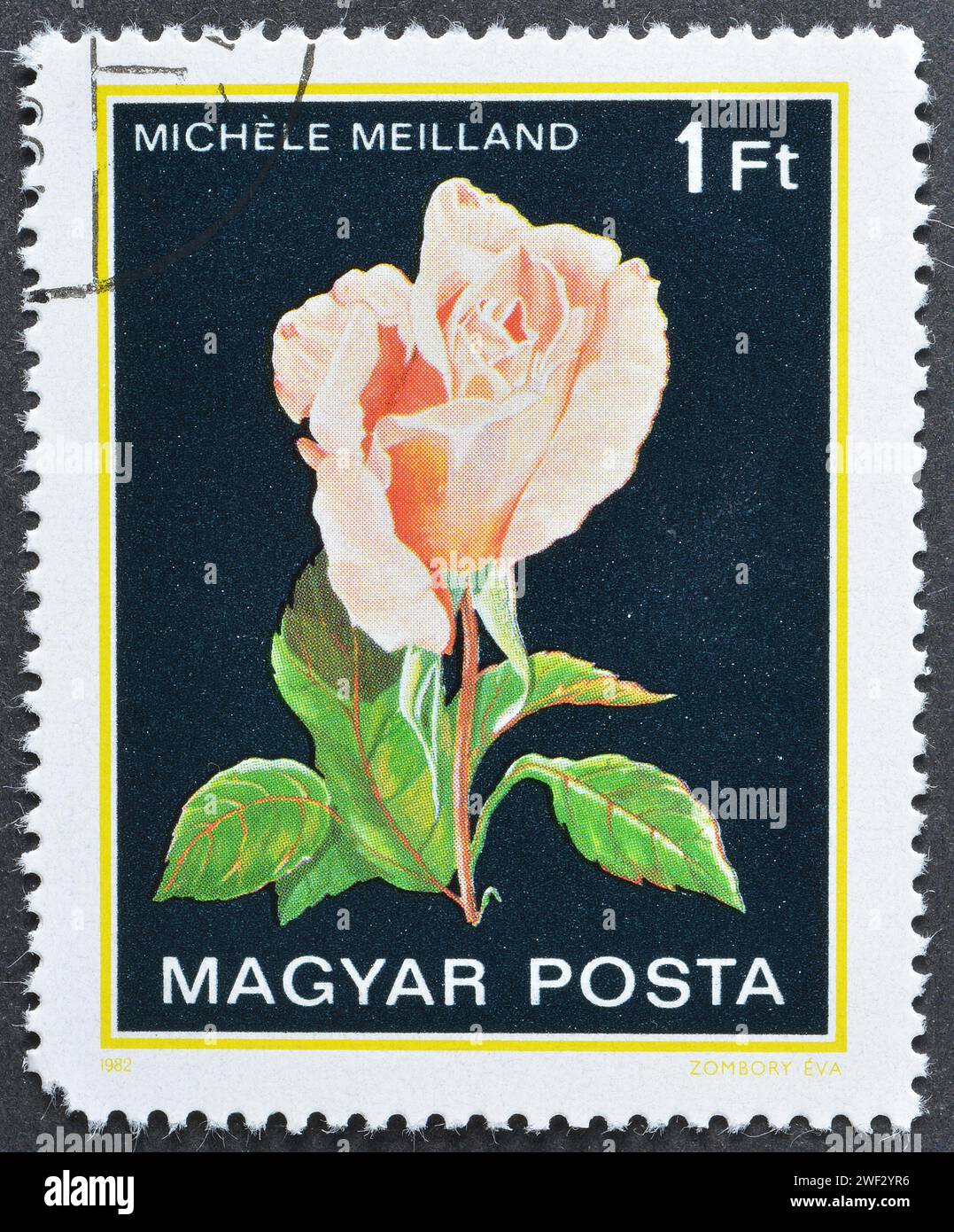 Cancelled postage stamp printed by Hungary, that shows Michele Meilland ...