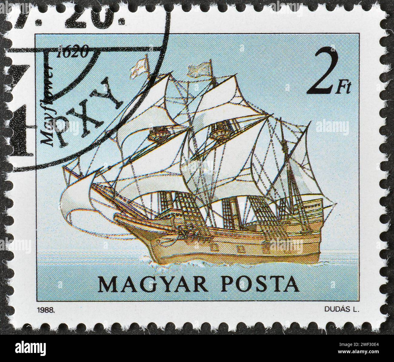 Cancelled postage stamp printed by Hungary, that shows "Mayflower ...