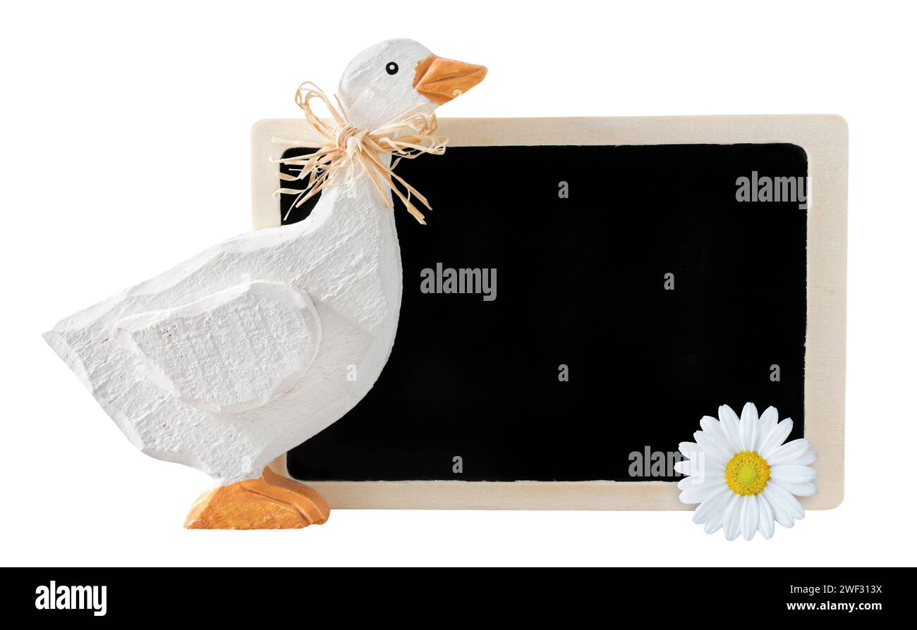 Wooden goose with label and flower isolated on white background Stock ...