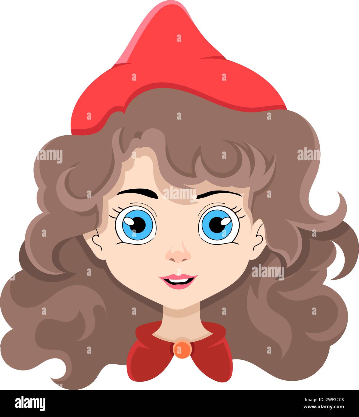 the head of a beautiful girl with curly brown hair with a charming face ...
