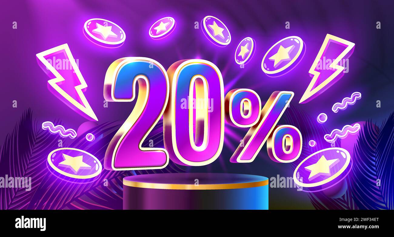 Mega sale special offer, Neon 20 off sale banner. Sign board promotion ...