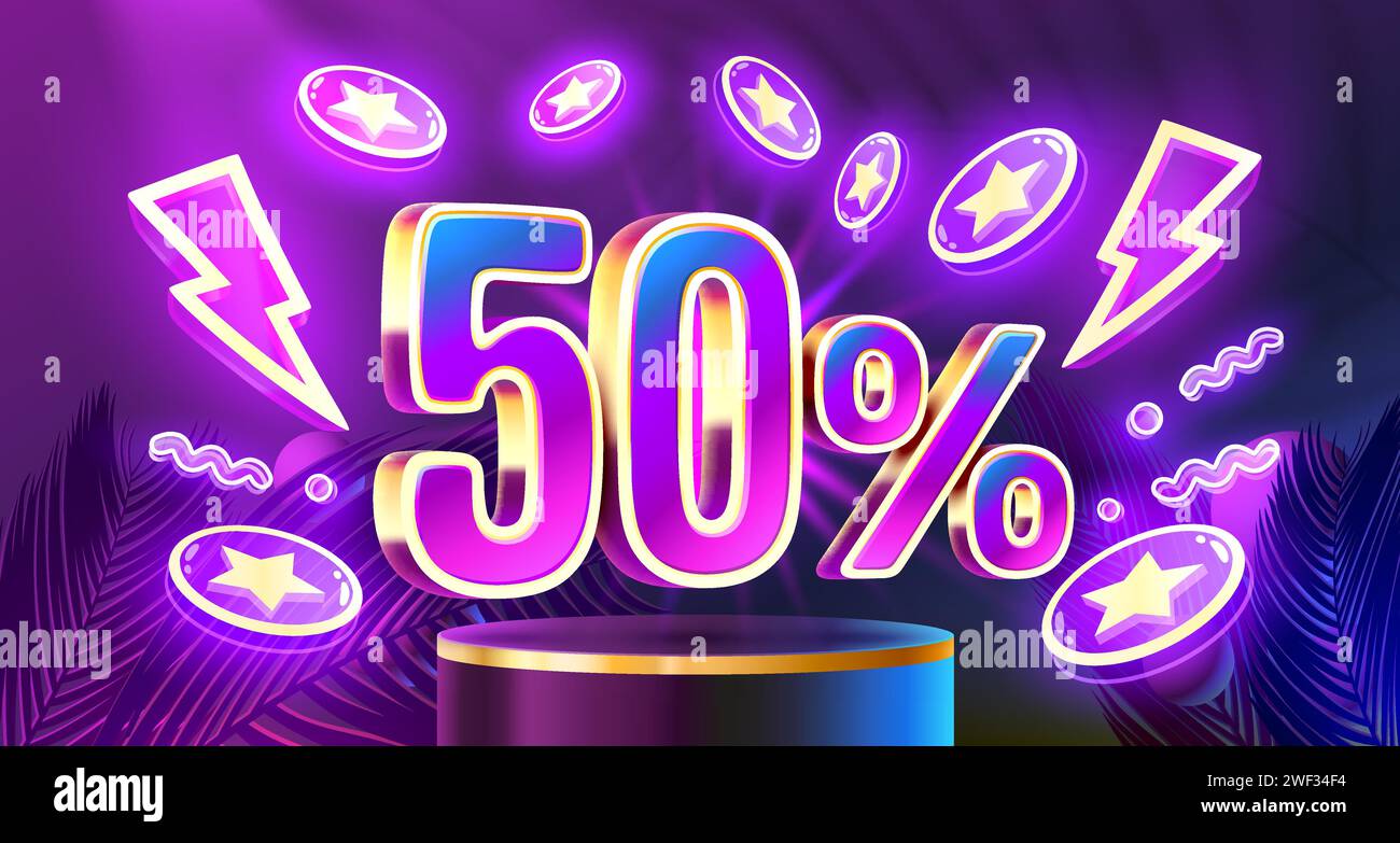 Mega sale special offer, Neon 50 off sale banner. Sign board promotion ...