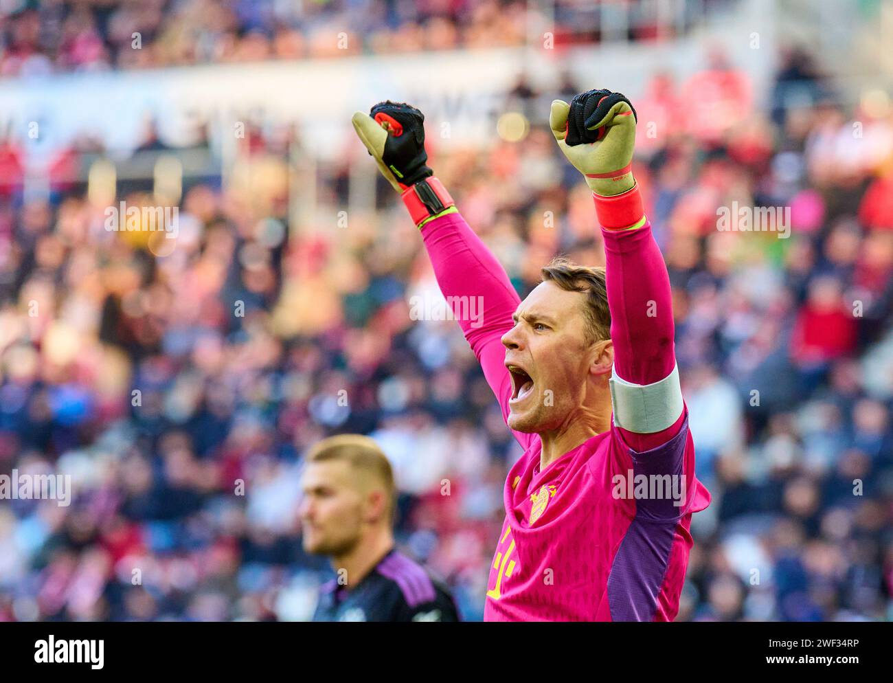 Manuel NEUER, goalkeeper FCB 1 celebrates a goal, happy, laugh ...