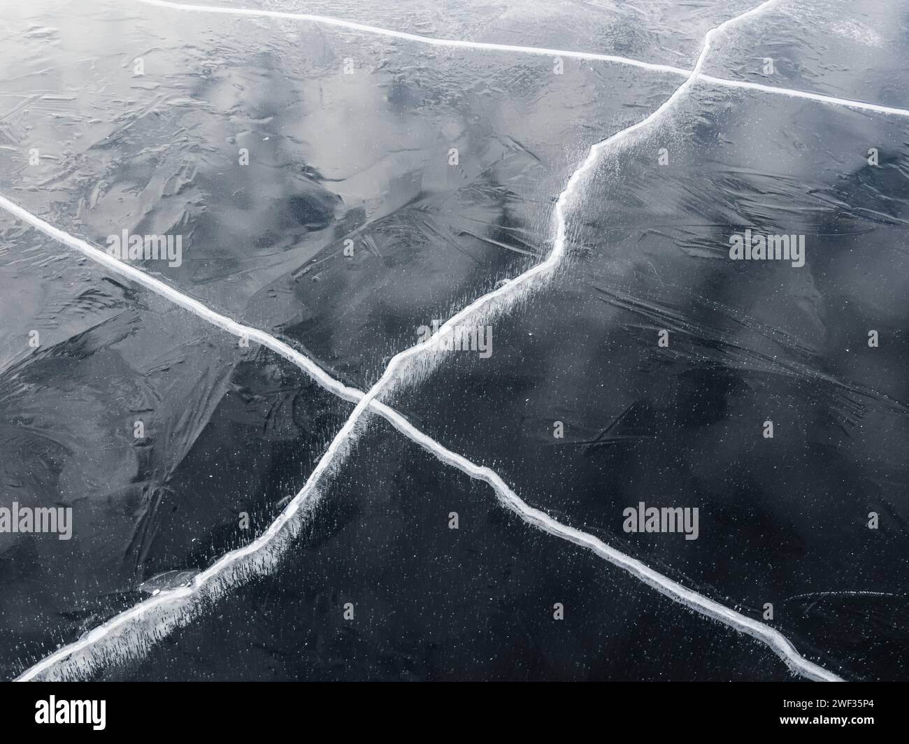 A close-up view reveals the intricate network of cracks and fissures ...