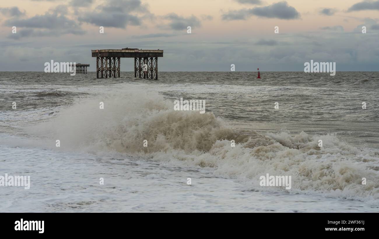 The beach and offshore platforms in Sizewell, Suffolk, England, UK ...