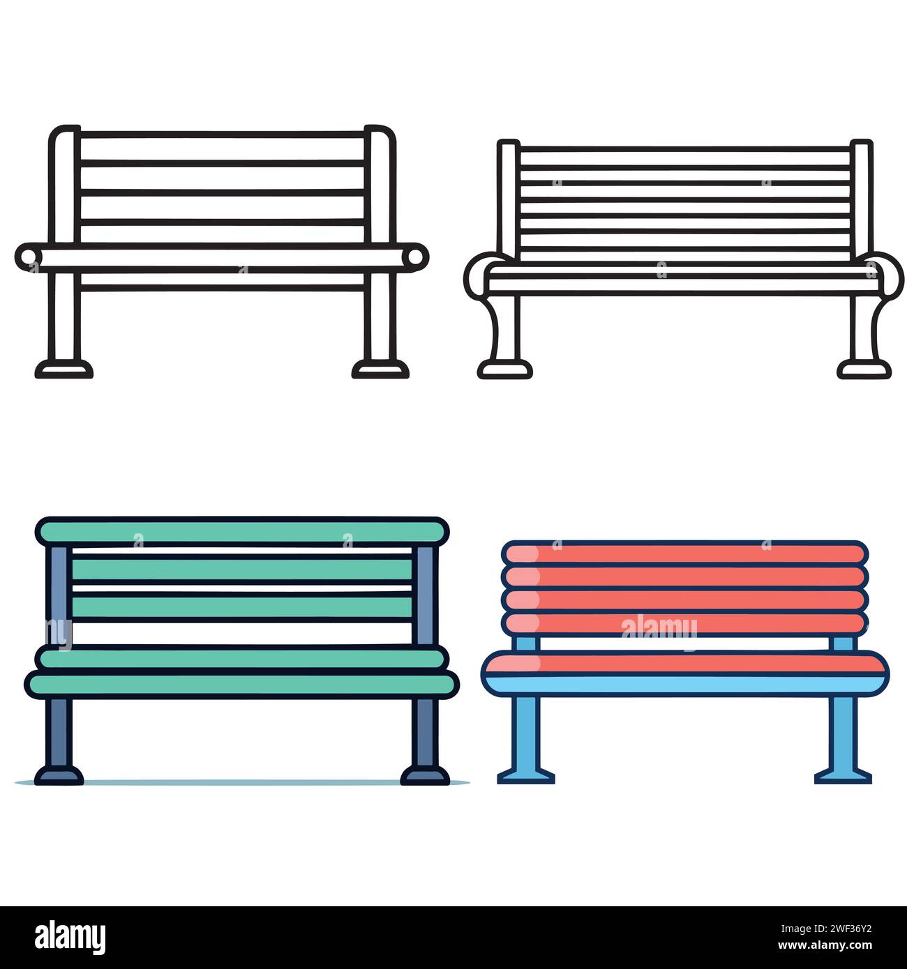 Park bench icon. Comfortable public wooden seat symbol set. Silhouette ...