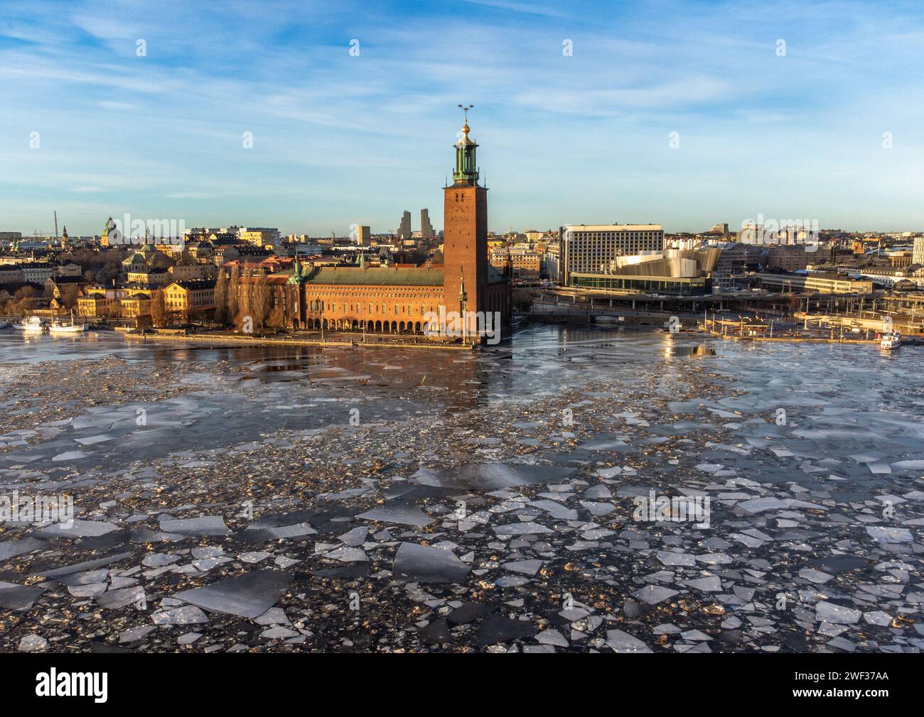 The city hall of Stockholm, on the district of Kungsholmen, with blue ...