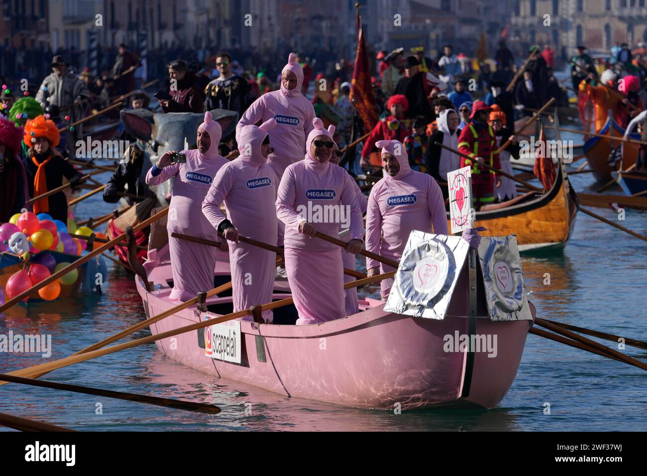 Boats sail during the traditional rowing parade, part of the Venice ...