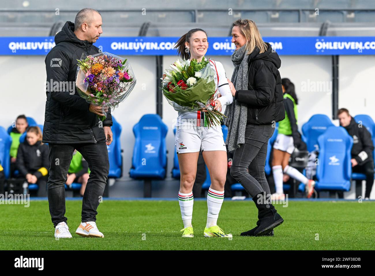 Leuven, Belgium. 27th Jan, 2024. Marie Detruyer (8) of OHL receiving ...