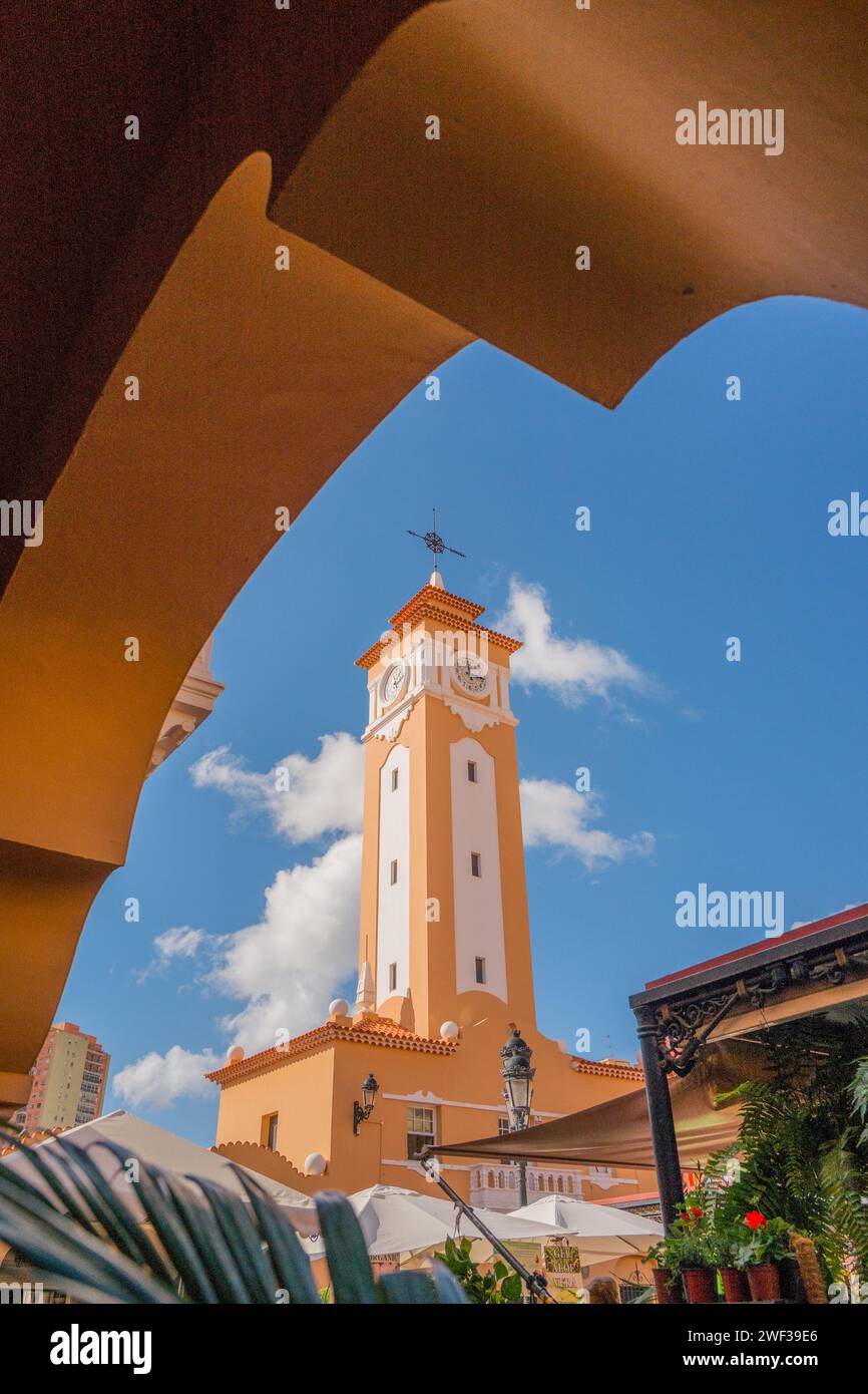 The clock tower at the Los Christianos market on the Canary Island of ...