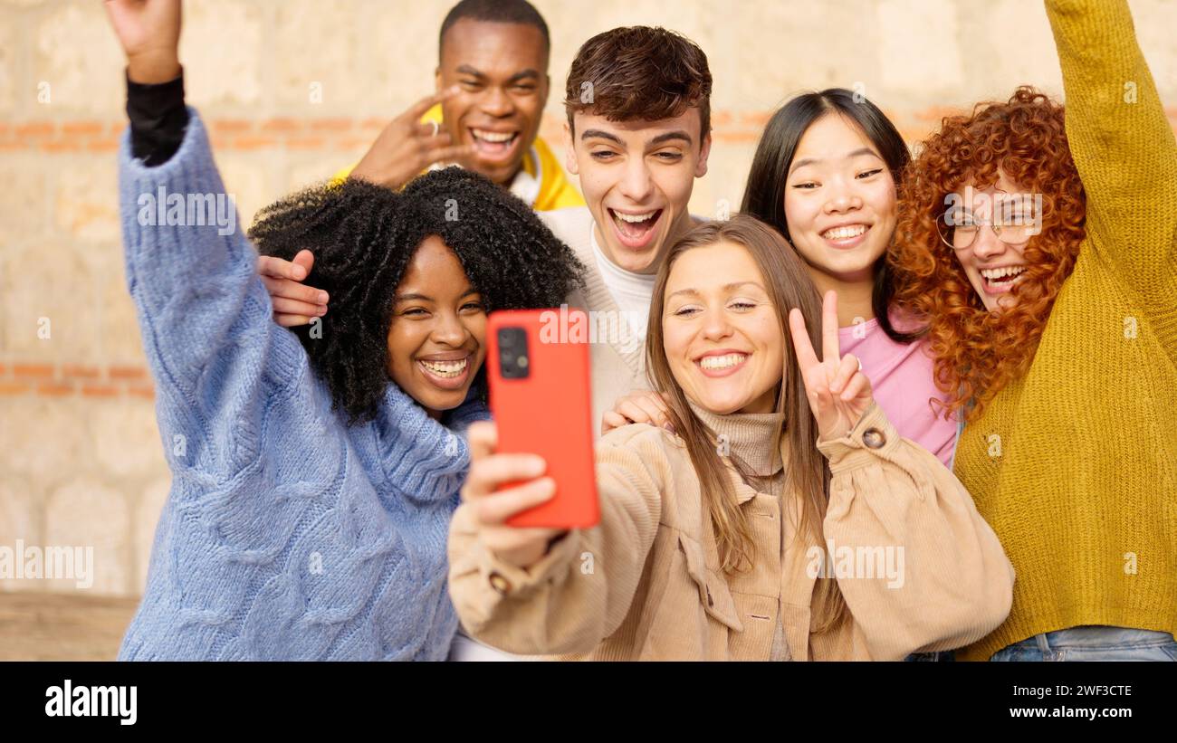 Diverse teenager people taking a selfie celebrating something very ...