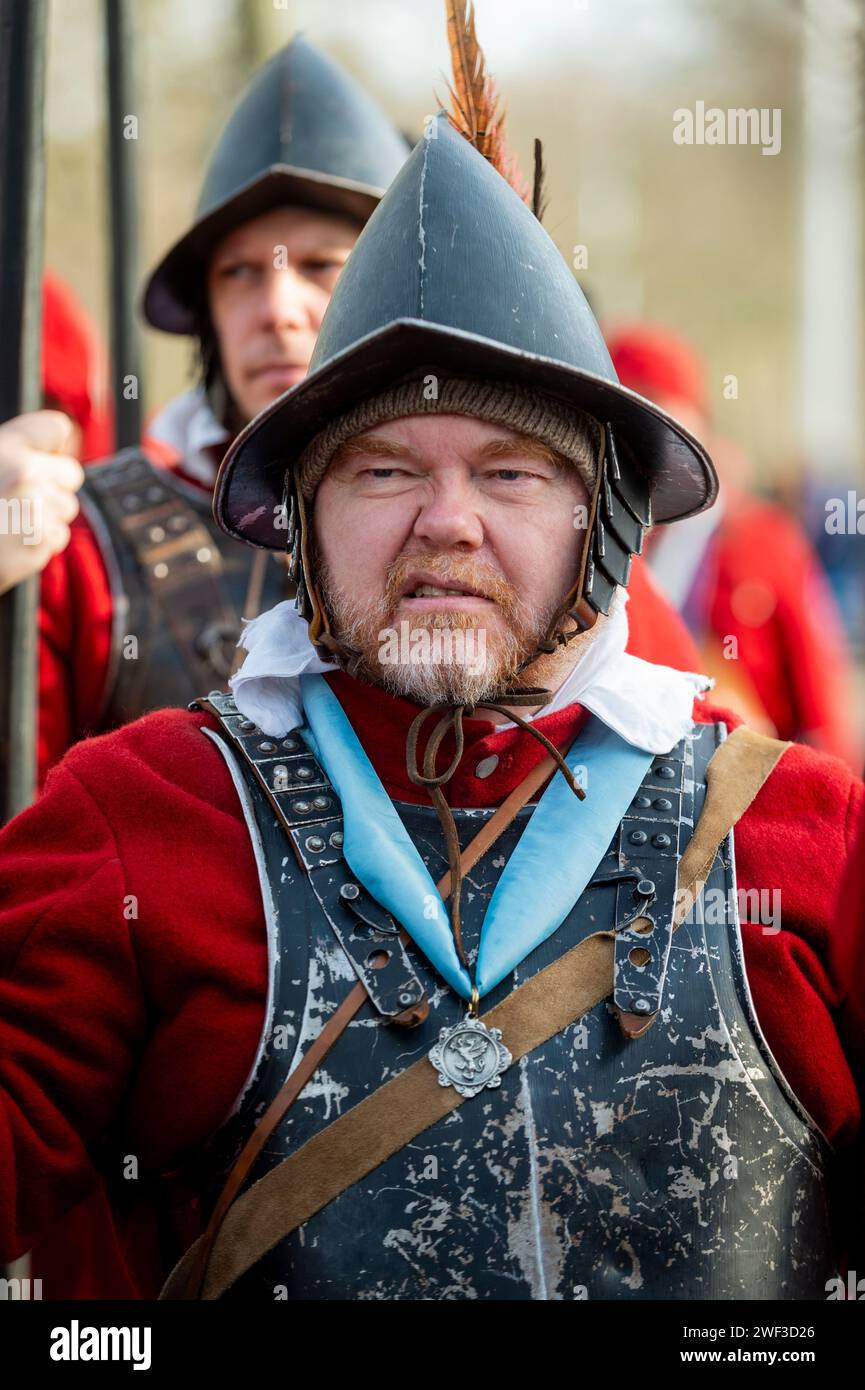 London, UK. 28 January 2024. Members of The King’s Army (the royalist ...