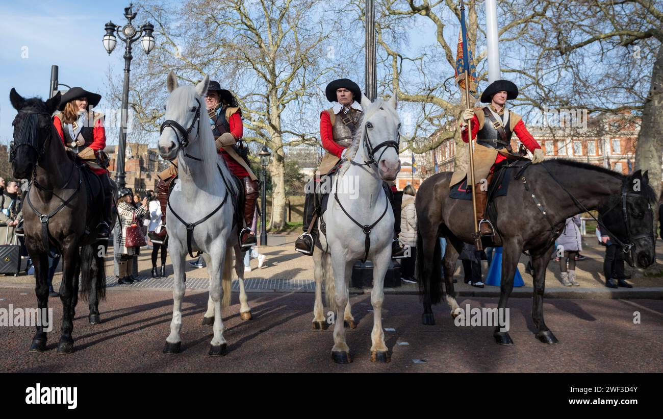 London, UK. 28 January 2024. Members of The King’s Army (the royalist ...