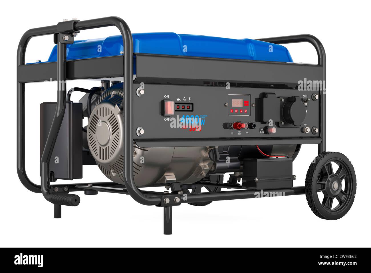 Blue Gasoline Generator with frame and wheels, 3D rendering isolated on ...