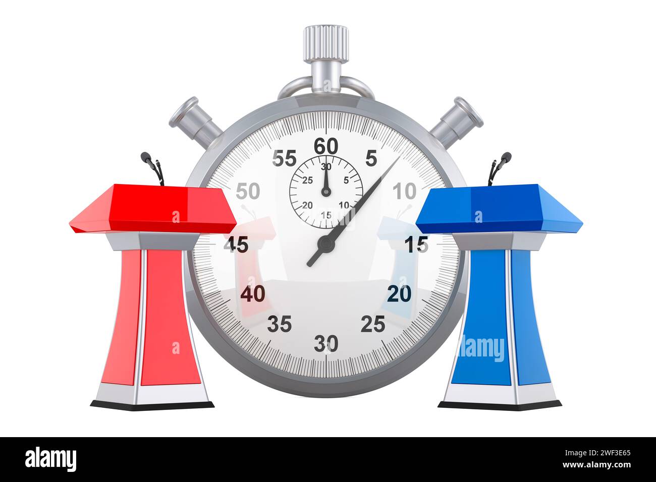 Debate time, concept. Stopwatch with microphones and tribunes, 3D ...