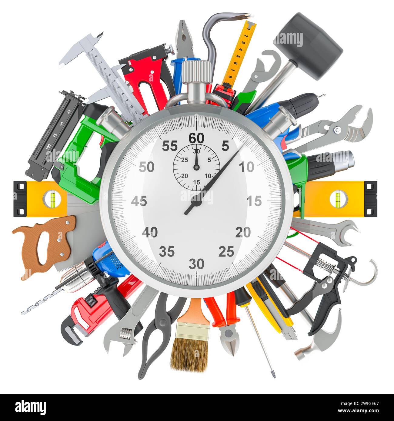 Construction Tools with stopwatch, 3D rendering isolated on white ...