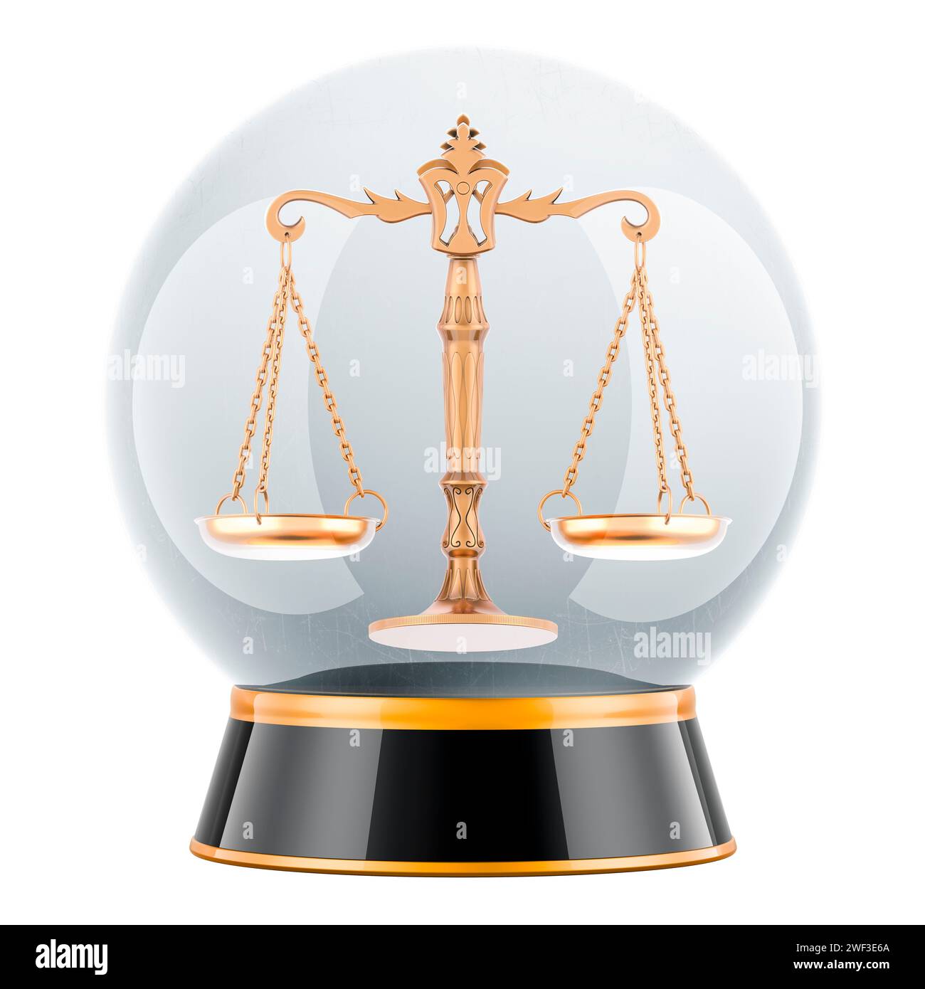 Crystal ball with scales of justice inside. 3D rendering isolated on ...