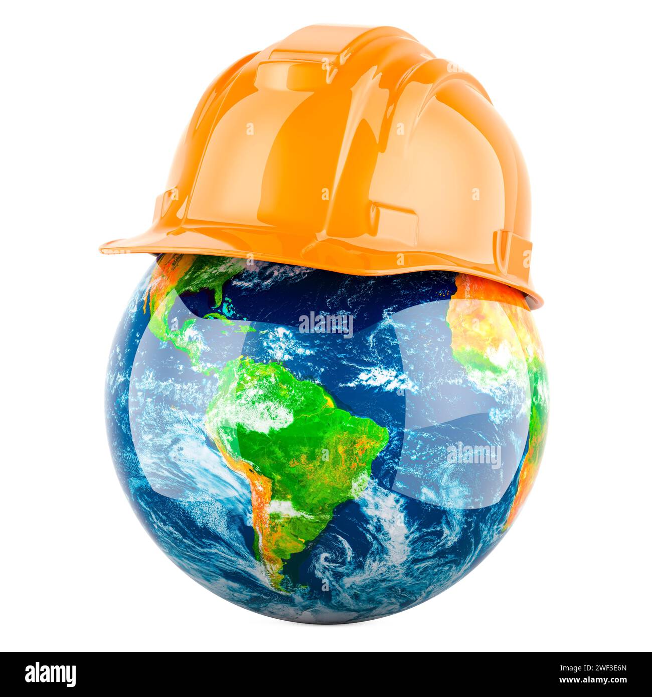 Earth Globe with Construction Orange Hard Hat, 3D rendering isolated on ...