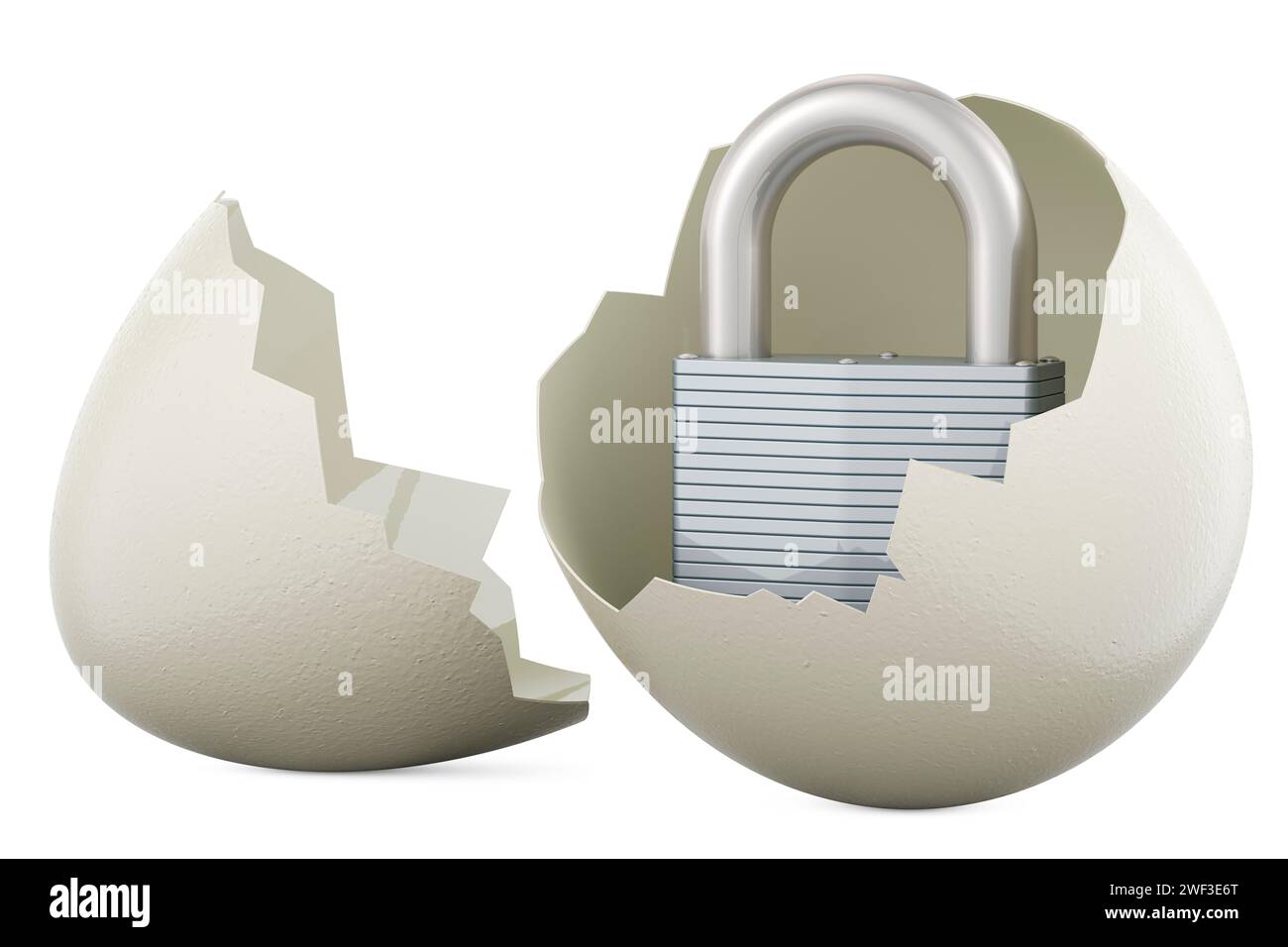 Padlock inside broken chicken egg, 3D rendering isolated on white ...